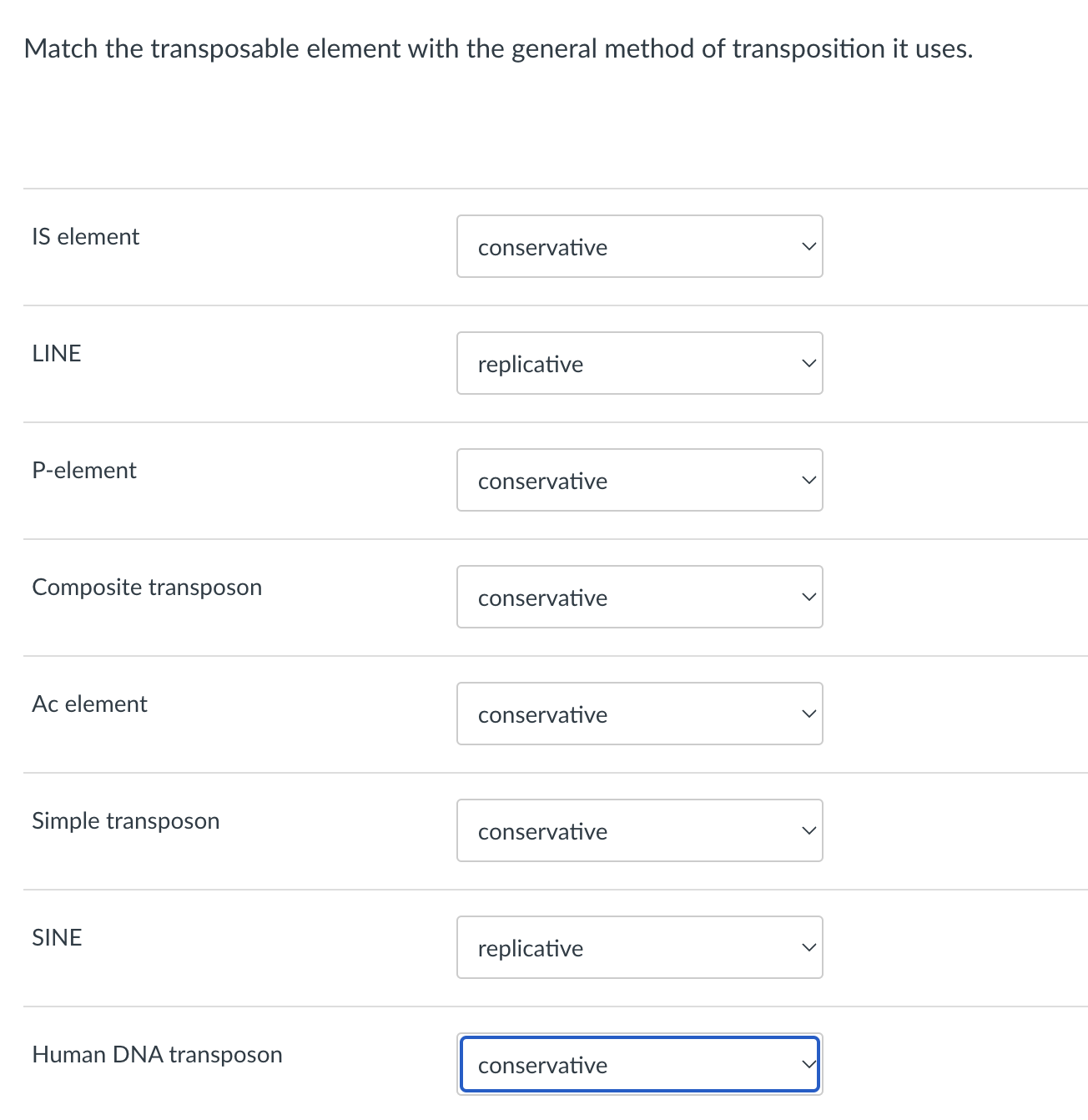 Solved Match the transposable element with the general | Chegg.com