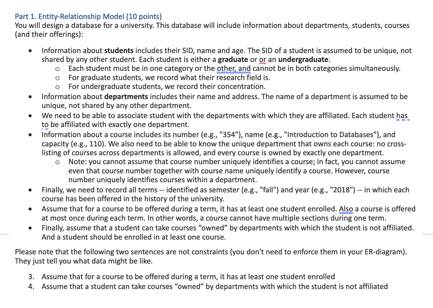Solved Part 1. Entity-Relationship Model (10 points) You | Chegg.com