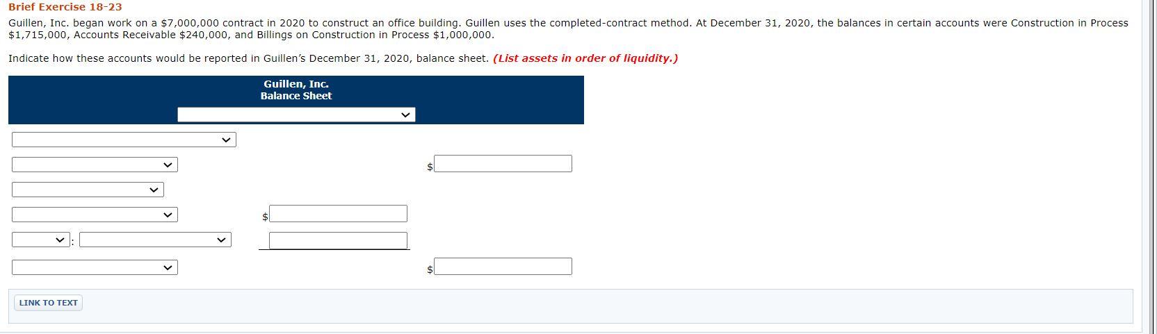 Solved Brief Exercise 18-23 Guillen, Inc. began work on a | Chegg.com