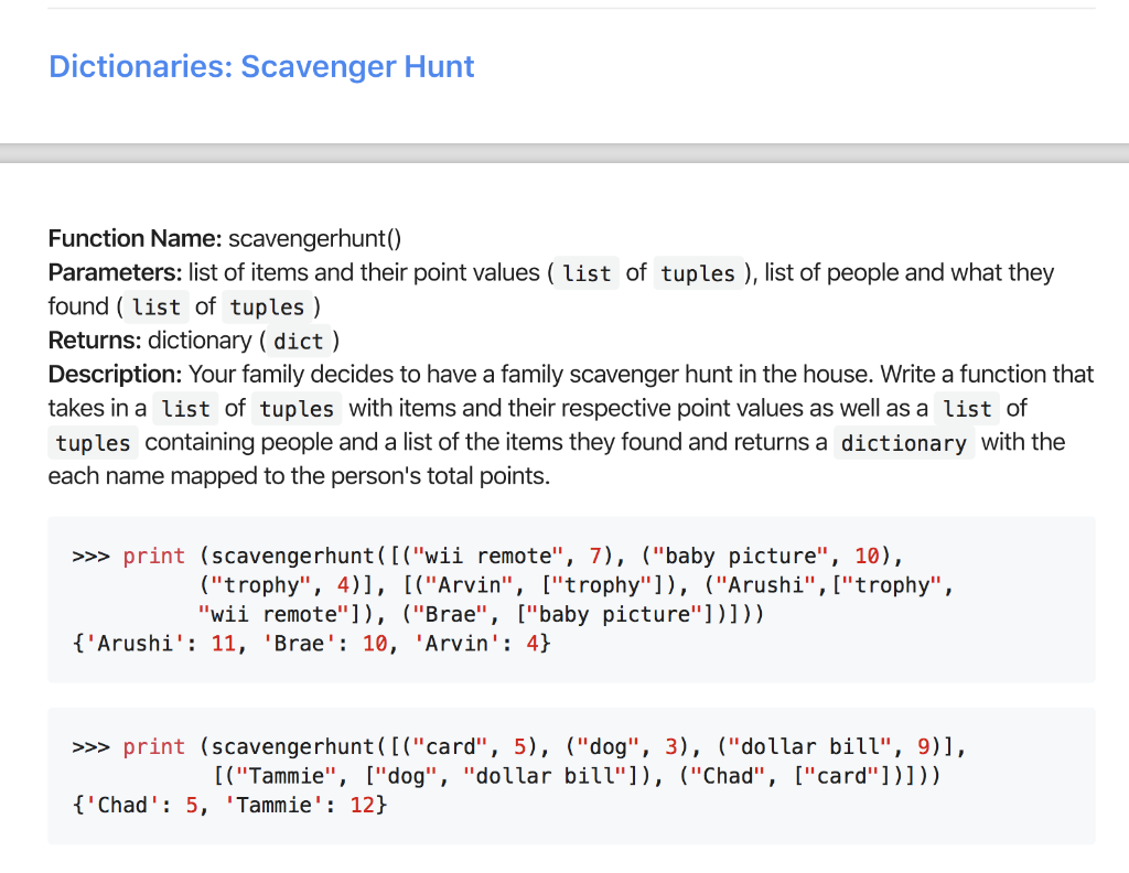 Solved Dictionaries: Scavenger Hunt Function Name: | Chegg.com