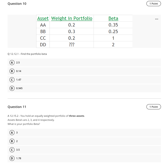 Solved Question 10 1 Point Asset Weight in Portfolio AA 0.2 | Chegg.com
