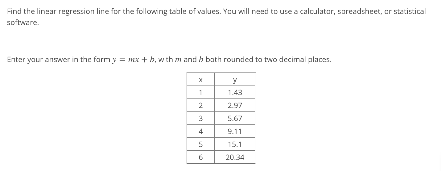 Solved Find the linear regression line for the following | Chegg.com