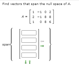 Solved Find vectors that span the null space of A. 1 -1 0 2 | Chegg.com