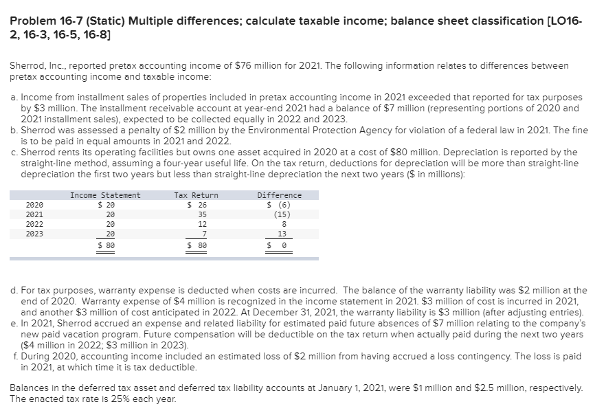 Solved Problem 16-7 (Static) Multiple differences; calculate | Chegg.com