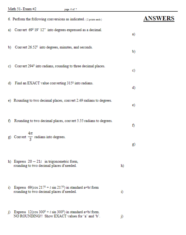 Solved Math 51- Exam #2 Page 7 6. Perform the following | Chegg.com