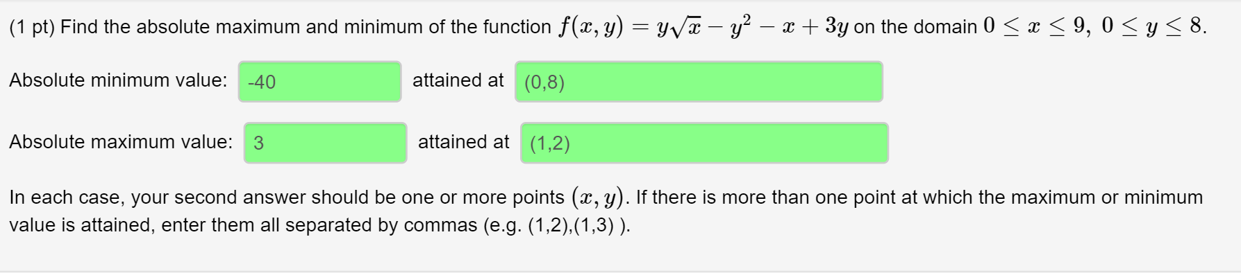 Solved (1 pt) Find the absolute maximum and minimum of the | Chegg.com