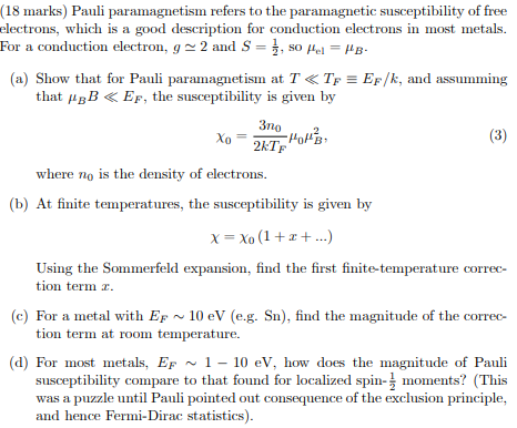(18 marks) Pauli paramagnetism refers to the | Chegg.com