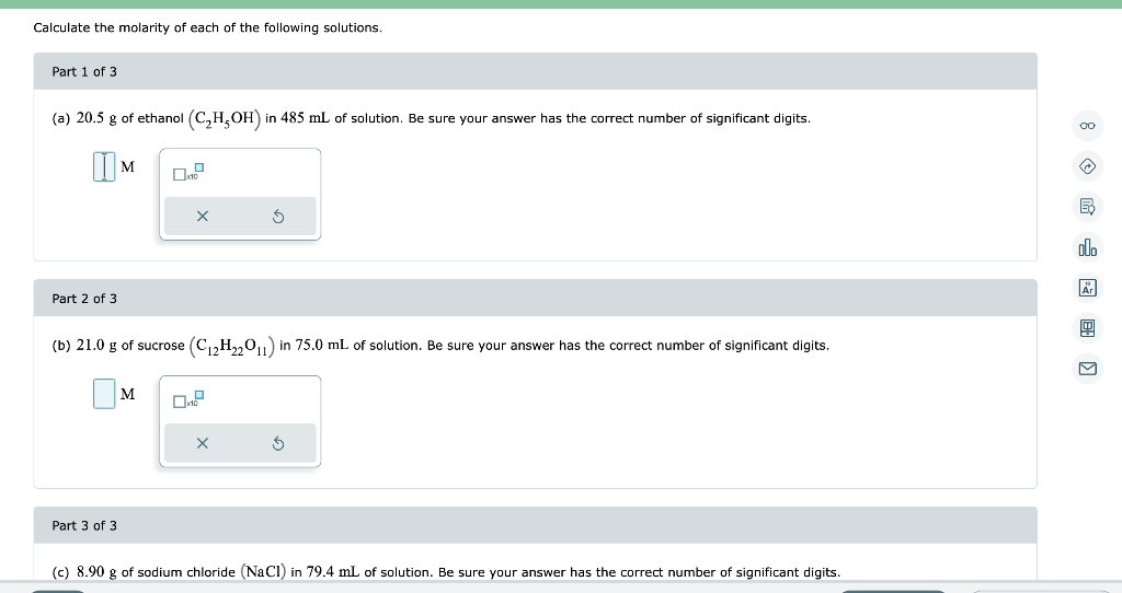 Solved Calculate the molarity of each of the following | Chegg.com