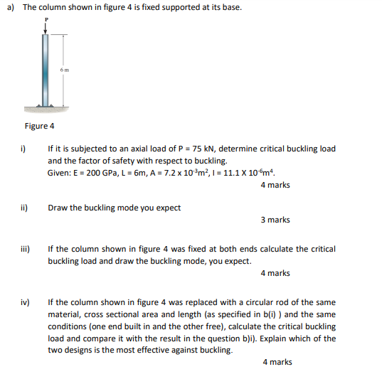 Solved a) The column shown in figure 4 is fixed supported at | Chegg.com
