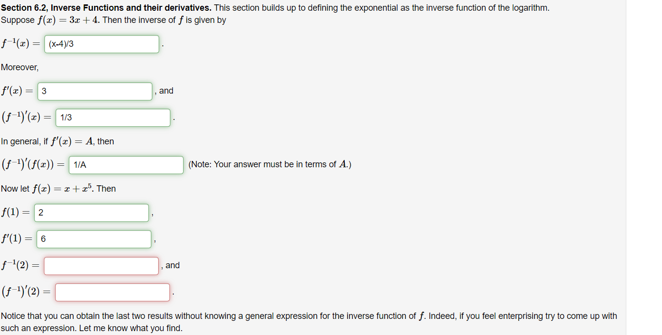 Solved Section 6.2, Inverse Functions and their derivatives. | Chegg.com