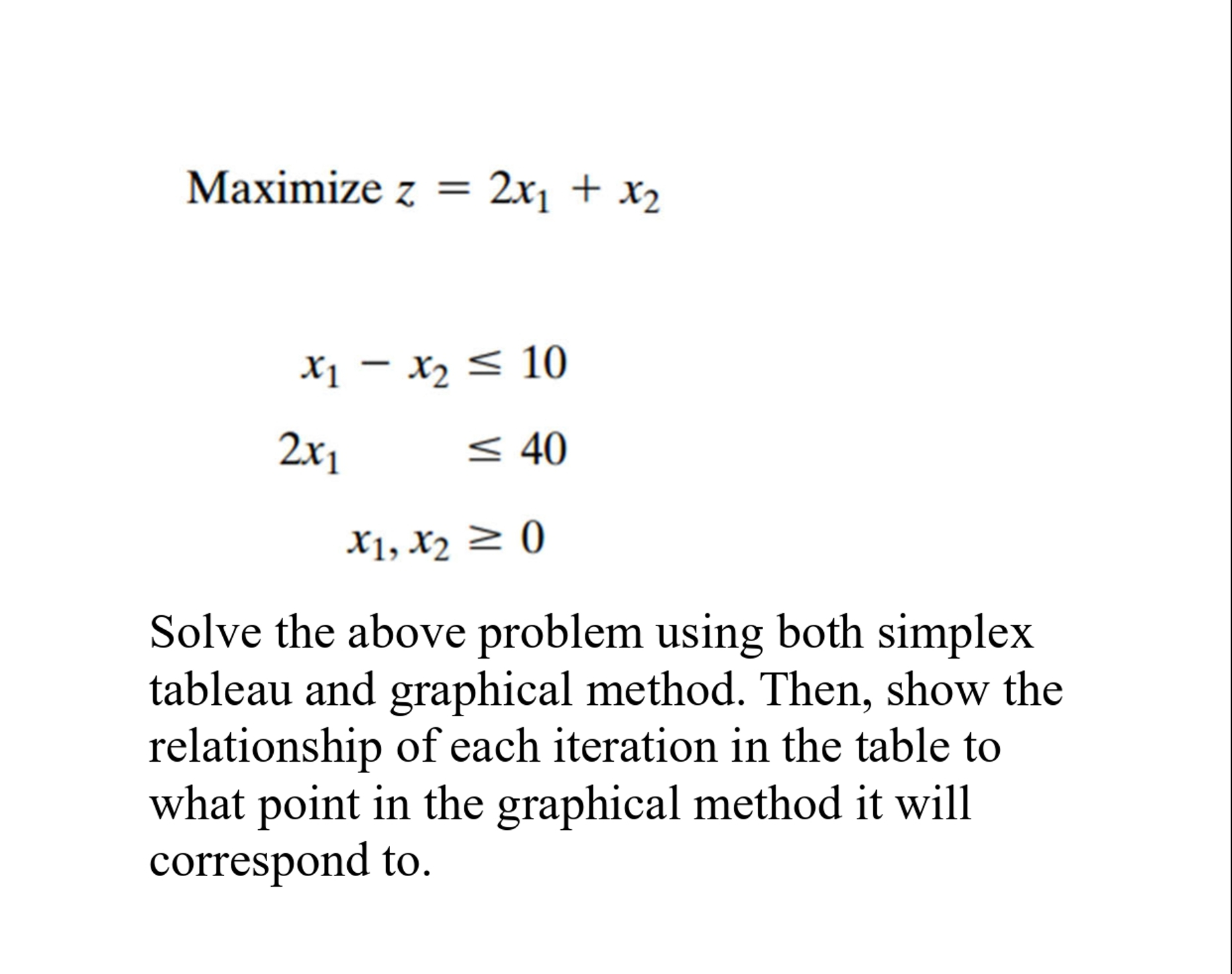 Solved Maximize z=2x1+x2x1-x2≤102x1≤40x1,x2≥0Solve the above | Chegg.com