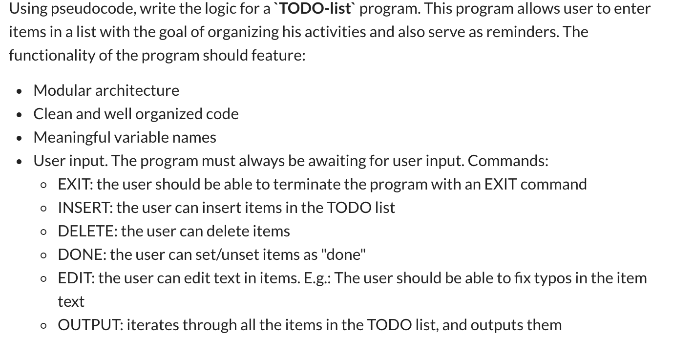 Using pseudocode, write the logic for a TODO-list | Chegg.com