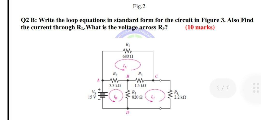 Solved Fig. 2 Q2 B: Write the loop equations in standard | Chegg.com