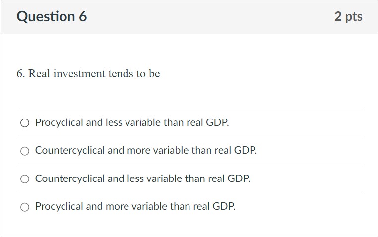 Solved Question 6Real investment tends to beProcyclical and | Chegg.com