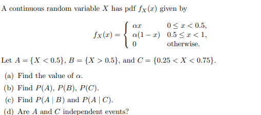 Solved A continuous random variable X has pdf fx (2) given | Chegg.com