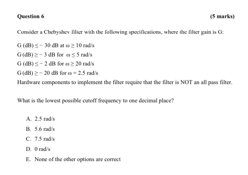 Solved Consider a Chebyshev filter with the following | Chegg.com