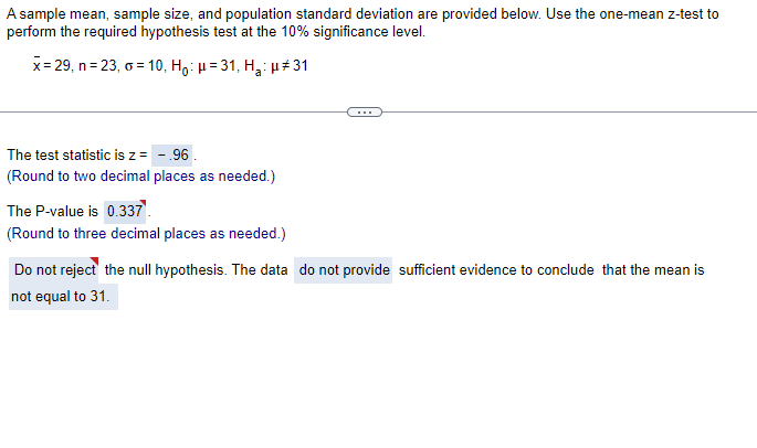 Solved A sample mean, sample size, and population standard | Chegg.com