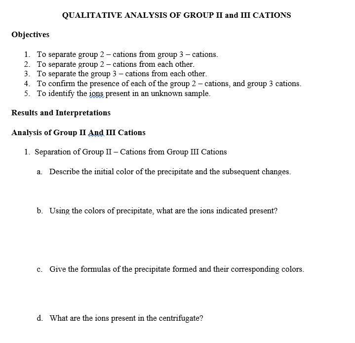 Solved QUALITATIVE ANALYSIS OF GROUP II and III CATIONS | Chegg.com