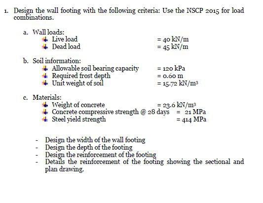 1. Design the wall footing with the following | Chegg.com