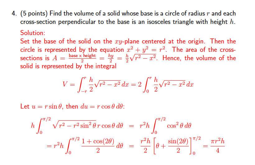 Solved (5 points) Find the volume of a solid whose base is a | Chegg.com