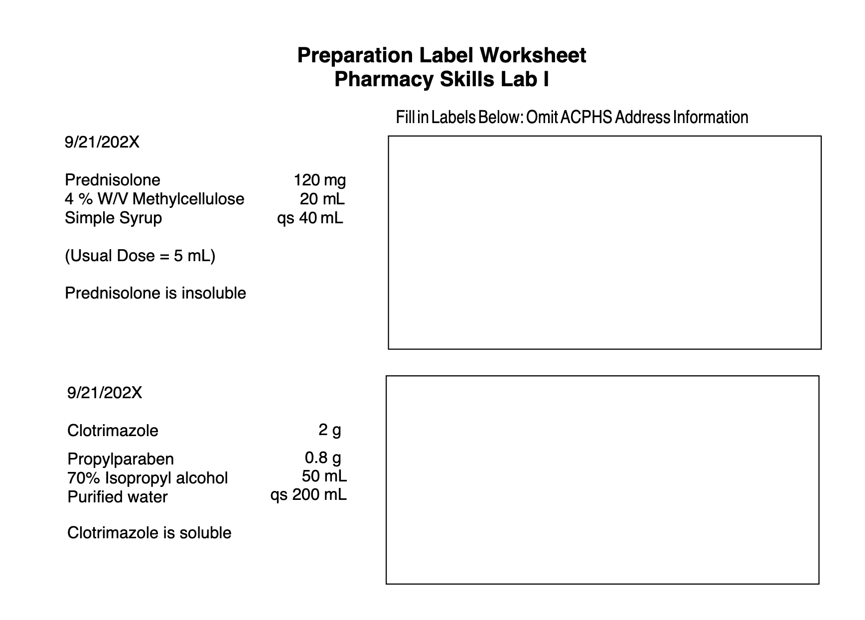 Solved Preparation Label Worksheet Pharmacy Skills Lab I | Chegg.com