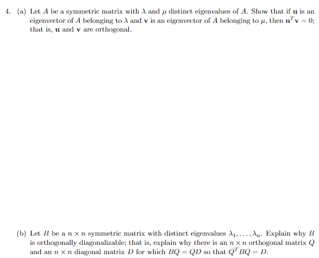 Solved (a) Let A be a symmetric matrix with λ and μ distinct | Chegg.com