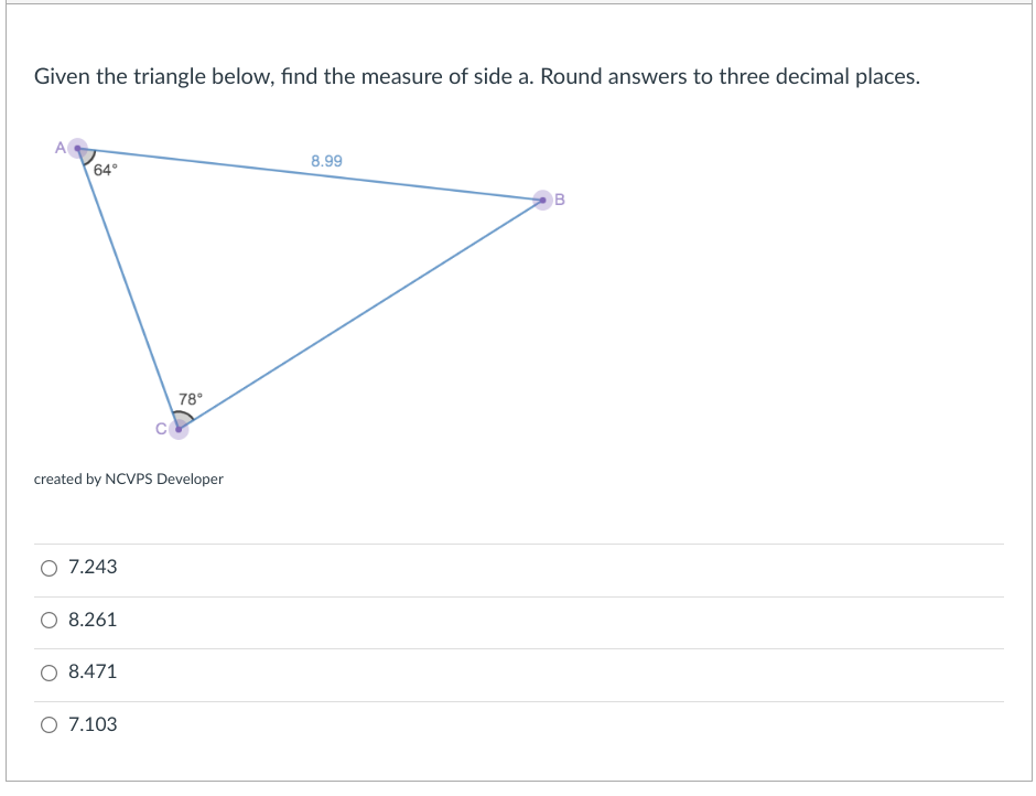 Solved Given the triangle below, find the measure of side a. | Chegg.com