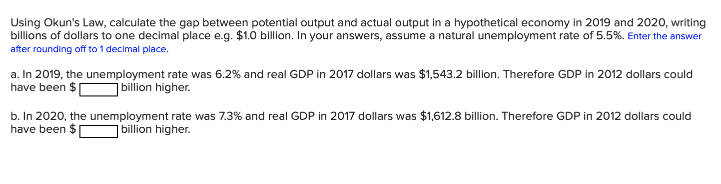 Solved Using Okun's Law, calculate the gap between potential | Chegg.com
