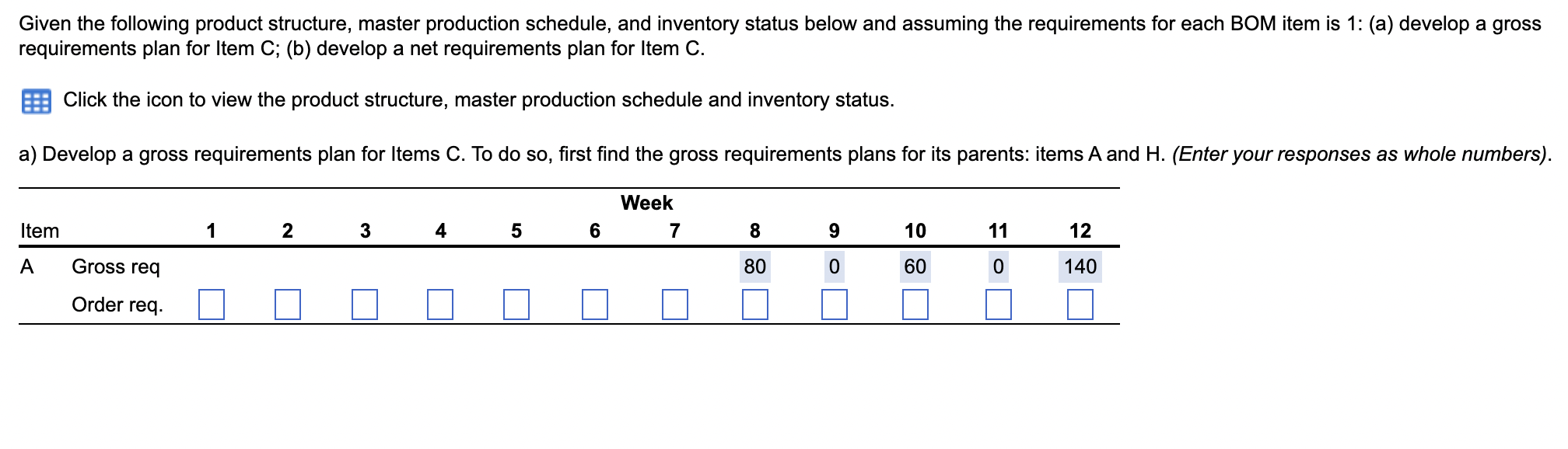 Solved Given the following product structure, master | Chegg.com
