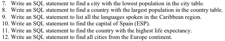 Solved Just the SQL statements for each, the database name | Chegg.com