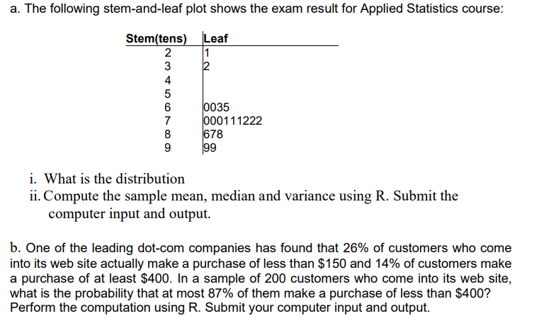 Solved a. The following stem-and-leaf plot shows the exam | Chegg.com