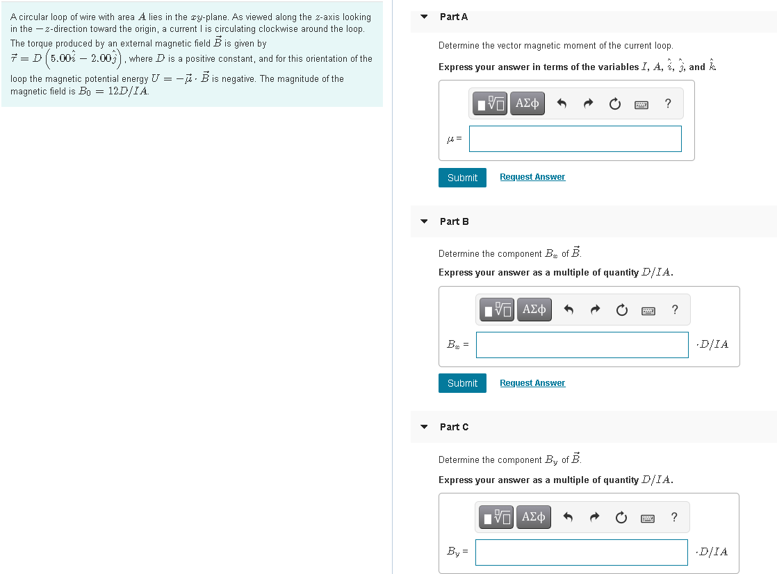 Solved Part A A circular loop of wire with area A lies in | Chegg.com