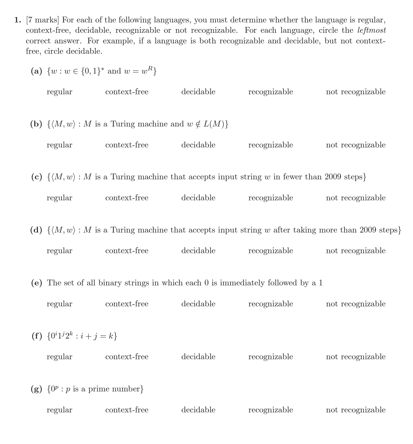 Solved - [7 marks] For each of the following languages, you | Chegg.com
