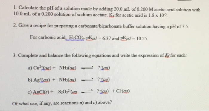 Solved 1. Calculate the pH of a solution made by adding 20.0 | Chegg.com