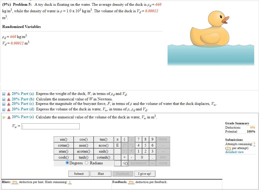 Solved (9%) Problem 5: A toy duck is floating on the water. | Chegg.com