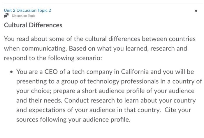 Unit 2 Discussion Topic 2 Discussion Topic Cultural | Chegg.com
