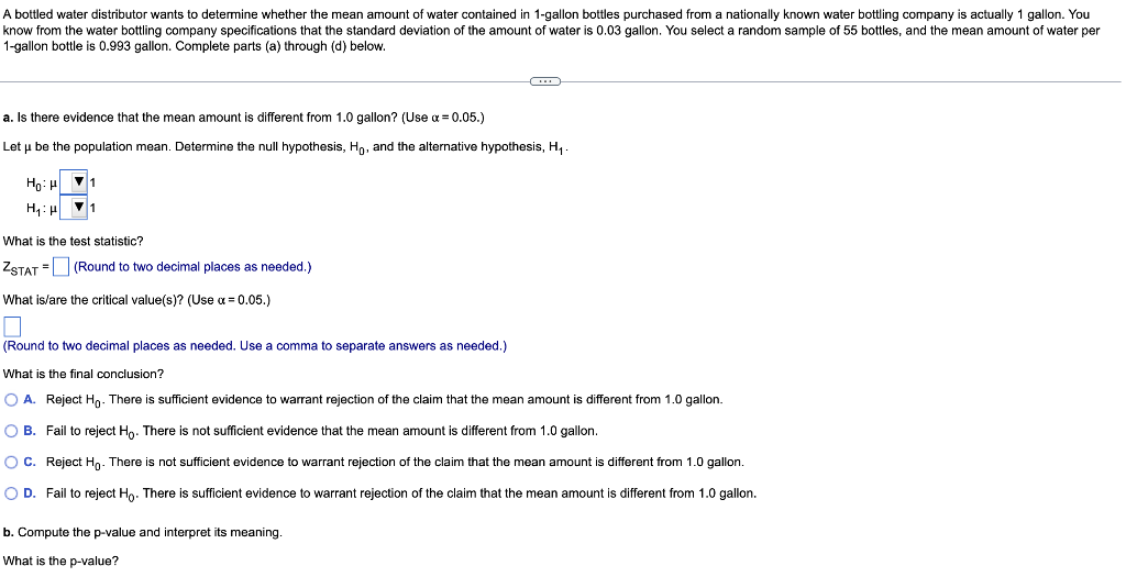 Solved A bottled water distributor wants to determine | Chegg.com