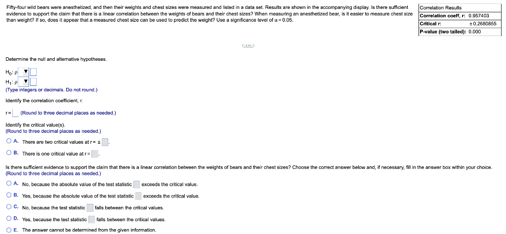 Solved Correlation Results Fifty-four wild bears were | Chegg.com