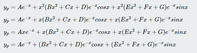 Solved yp=Ae−x+x2(Bx2+Cx+D)e−xcosx+x2(Ex2+Fx+G)e−xsinx | Chegg.com