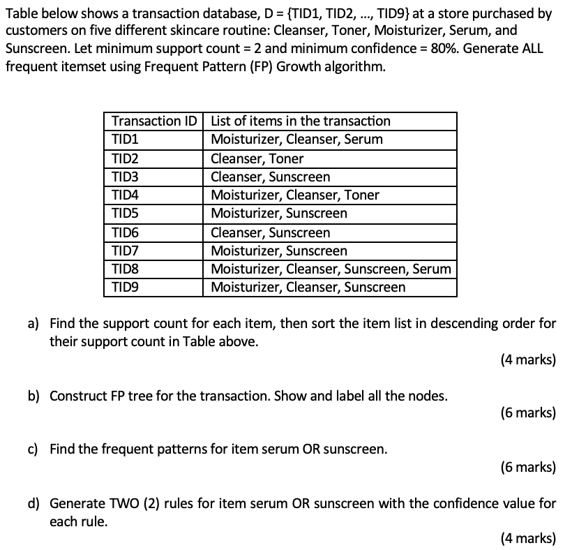 Solved Table below shows a transaction database, | Chegg.com