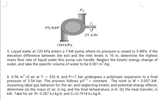 Solved PUMP 100kPa 5. Liquid water at 120 kPa enters a 7-kW | Chegg.com