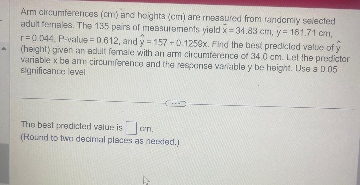 Solved Arm circumferences (cm) and heights (cm) are measured | Chegg.com