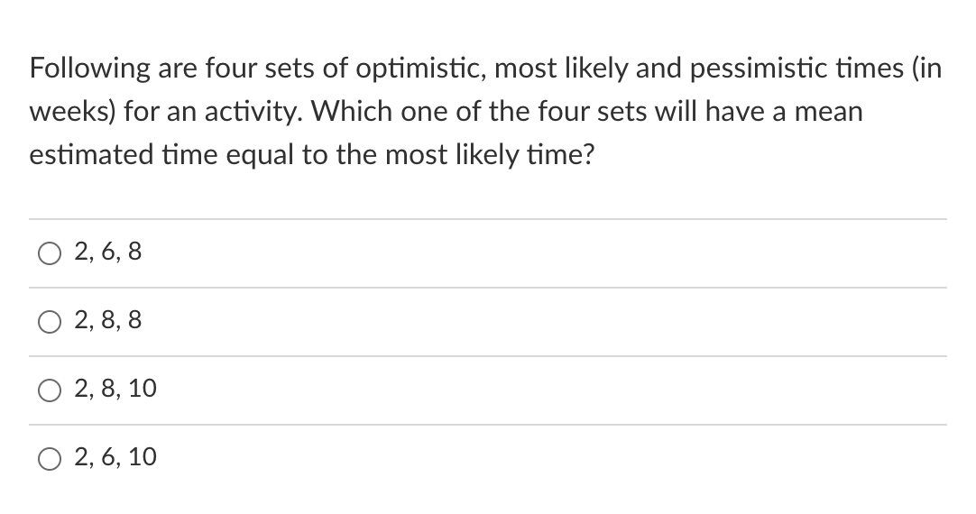 Following are four sets of optimistic, most likely | Chegg.com