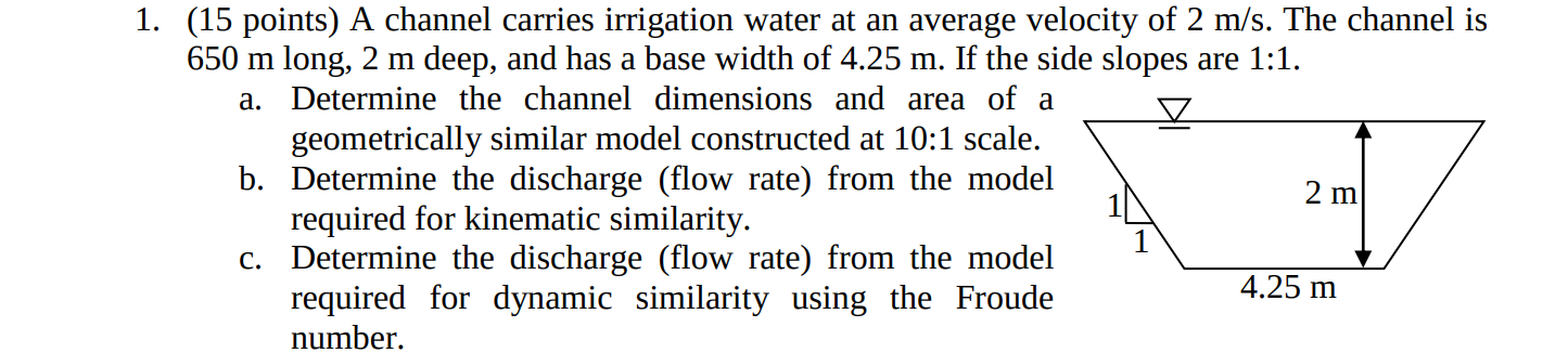 Solved 1. (15 points) A channel carries irrigation water at | Chegg.com