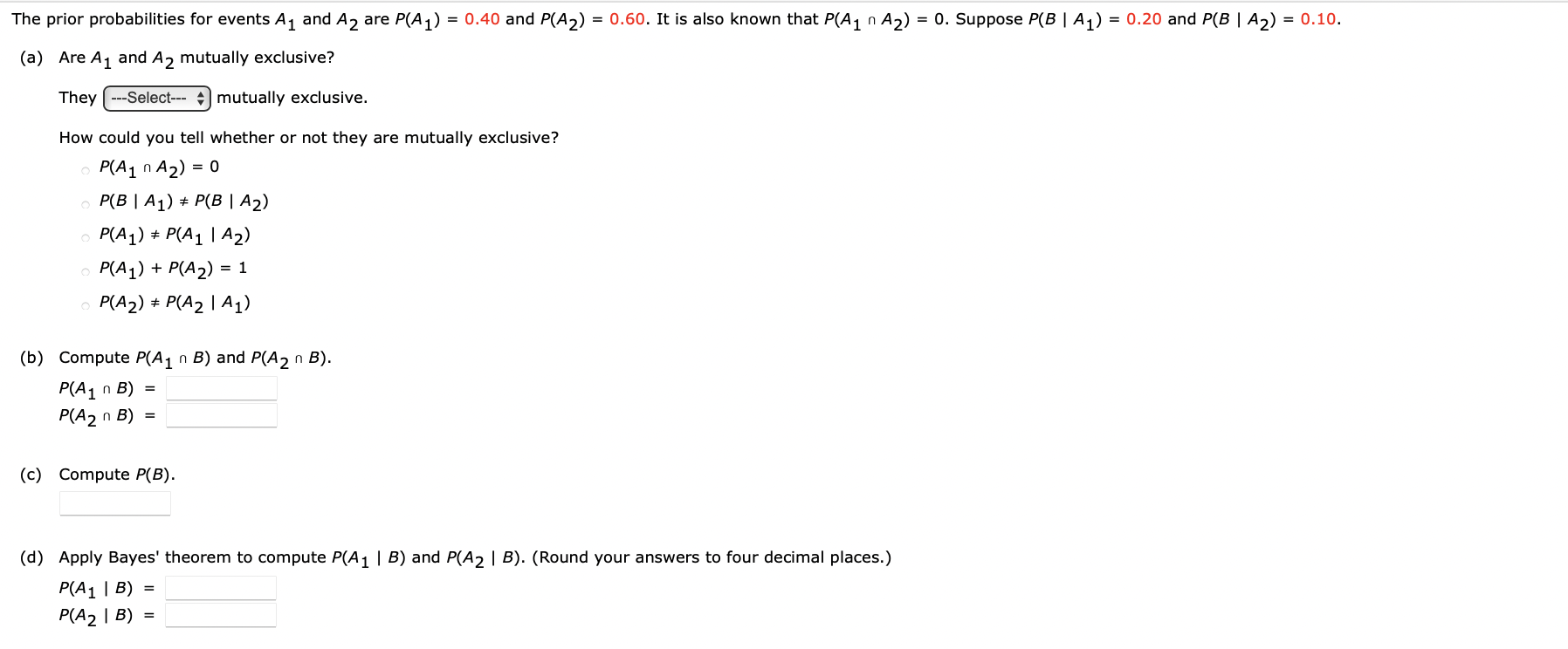 Solved The prior probabilities for events A1 and A2 are | Chegg.com