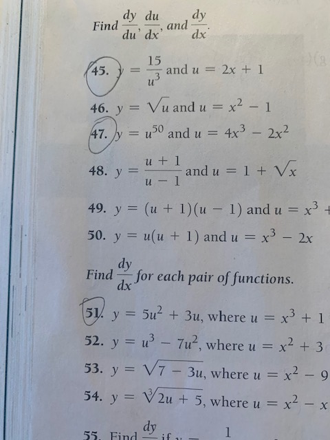 Solved Find dy/du, du/dx & dy/dx for questions 45,47 & for | Chegg.com