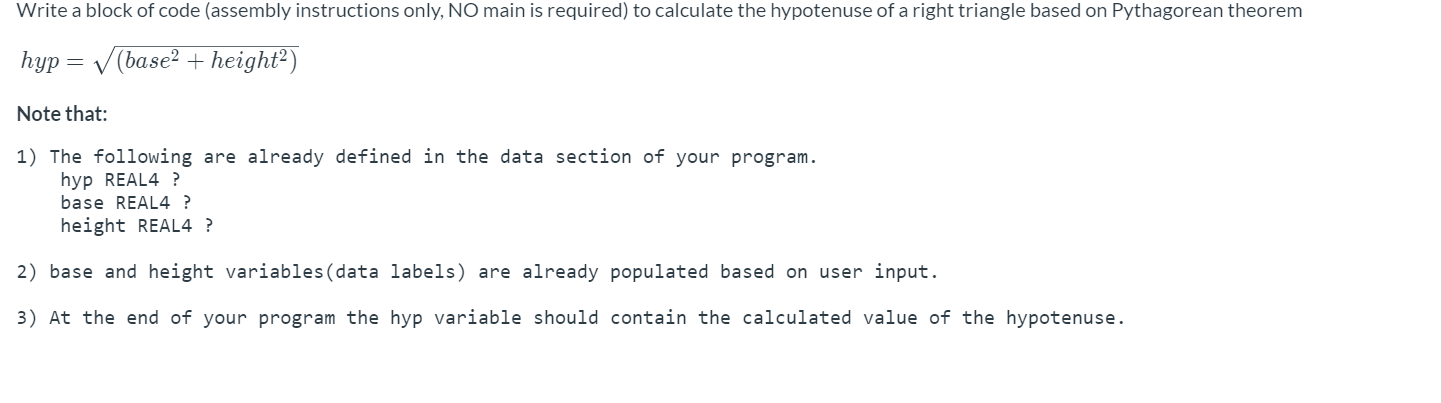 Solved in assembly x86, code that calculates the hypotenuse | Chegg.com