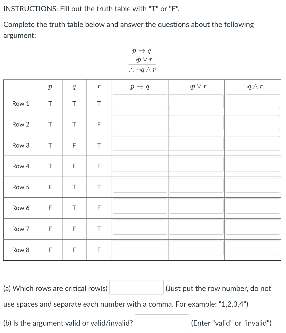 Solved INSTRUCTIONS: Fill out the truth table with "T" or | Chegg.com