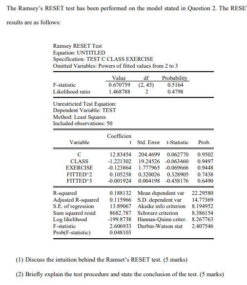 Solved The Ramsey's RESET test has been performed on the | Chegg.com