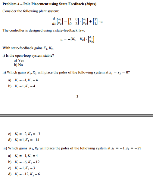 Solved Problem 4 - Pole Placement using State Feedback | Chegg.com